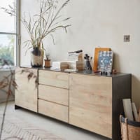 Sideboard mit 2 Türen aus massivem Mangoholz, gehärtetem Glas und ...