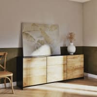 Sideboard mit 2 Türen aus massivem Mangoholz, gehärtetem Glas und ...