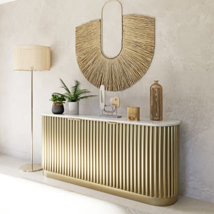 Buffet 3 portes en métal ondulé coloris laiton et marbre blanc L185 ...