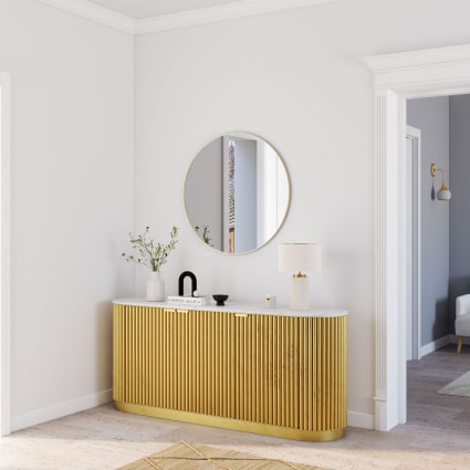 Buffet 3 portes en métal ondulé coloris laiton et marbre blanc L185 ...