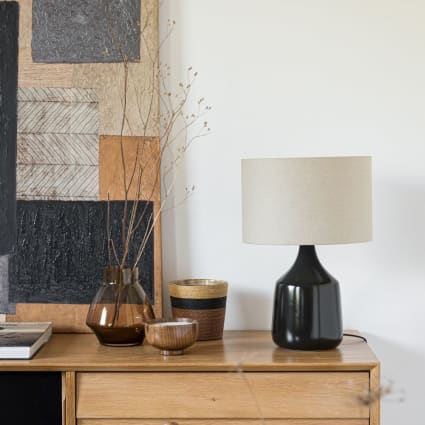 Lamp van zwarte keramiek met linnen lampenkap BADEN | Maisons du Monde
