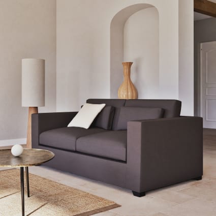 Lampadaire en bois d'hévéa et abat-jour en tissu bouclette crème H141 ...