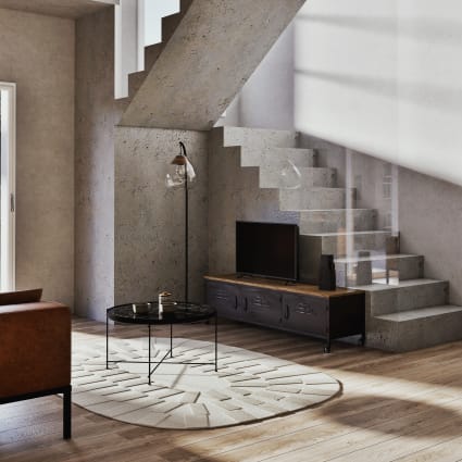 Lámpara de de pie de metal negro con pantalla de vidrio y madera Alt ...