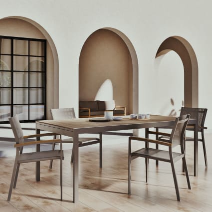 Mesa de exterior extensible de aluminio efecto madera y gris topo para ...