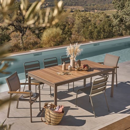 Mesa de exterior extensible de aluminio efecto madera y gris topo para ...