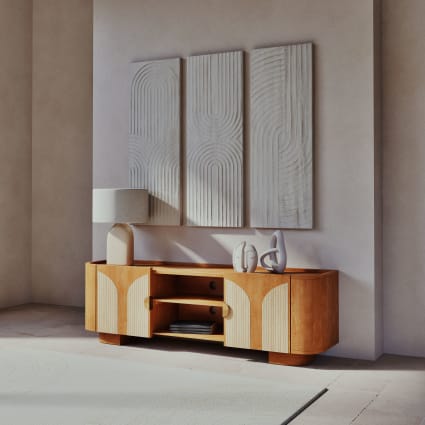 Mobile TV a 2 ante e 3 ripiani in legno massello di mango, rattan e ...