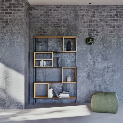 Regal aus schwarzem Metall und massivem Mangoholz, 125 cm Wayampi ...