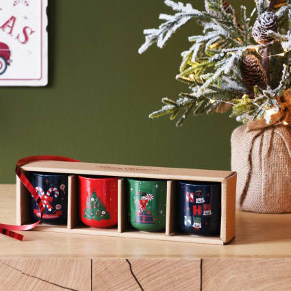 Set keramiek mokken (x4) met zwarte, groene, rode en gouden ...