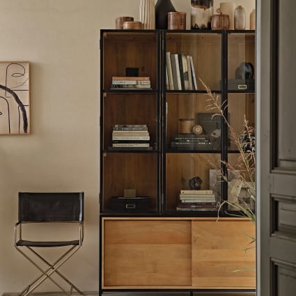 Sideboard mit 2 Türen aus massivem Mangoholz, gehärtetem Glas und ...