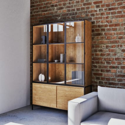 Sideboard mit 2 Türen aus massivem Mangoholz, gehärtetem Glas und ...