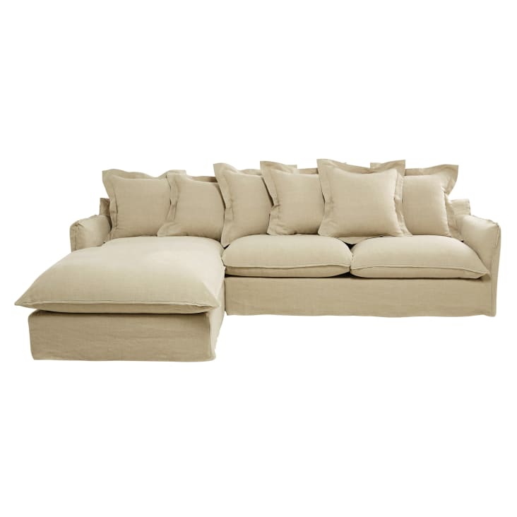 6-zits hoekzetel links met bekleding van beige gewassen linnen ...