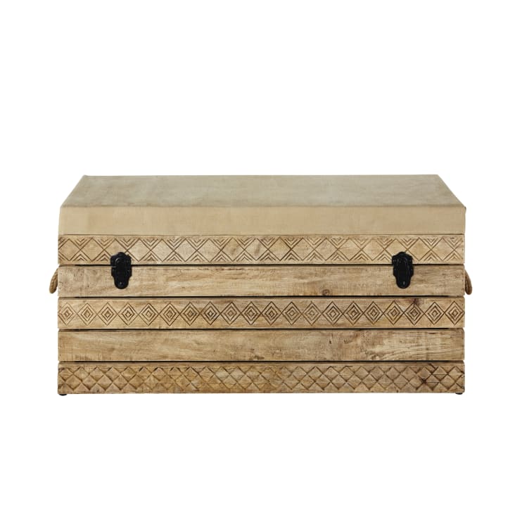Banquette coffre en bois de manguier et coton beige foncé Sumai ...
