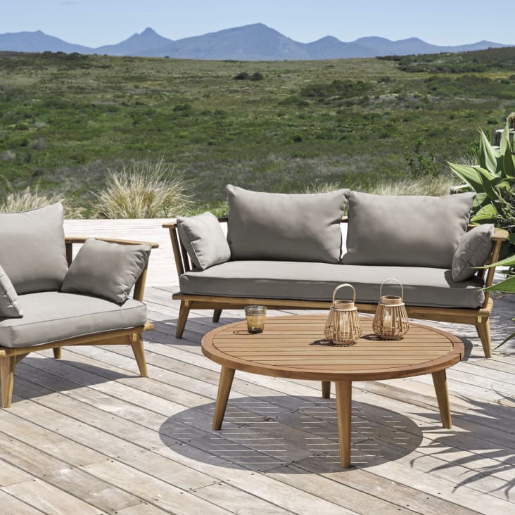 Banquette De Jardin 2 3 Places En Acacia Massif Et Coussins Taupe