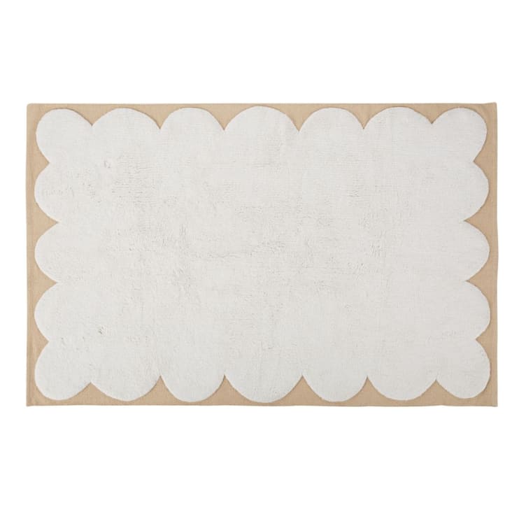 Beige en gebroken wit tapijt van getuft en geweven gerecycleerd katoen ...