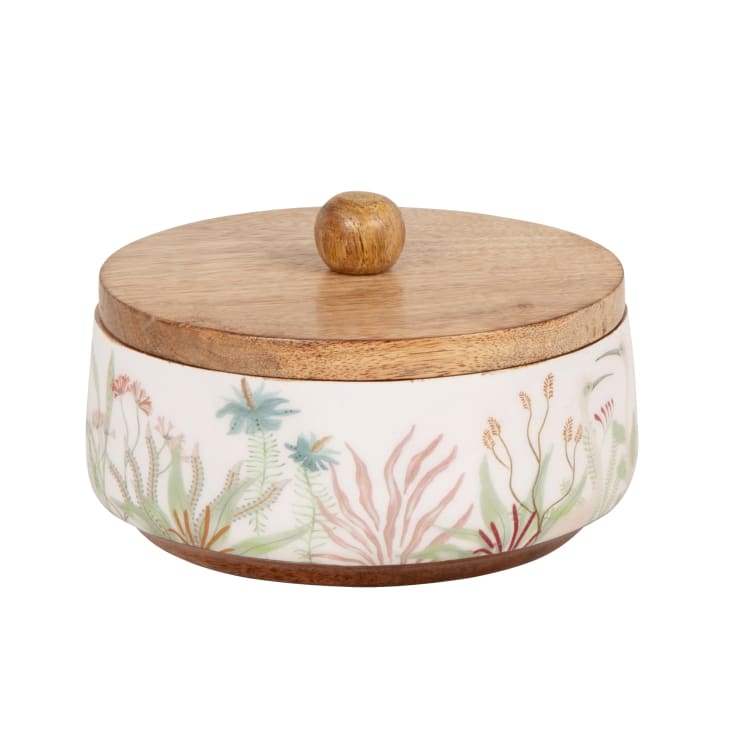 Boîte déco ronde motif végétal blanc, vert et rose et couvercle en bois ...
