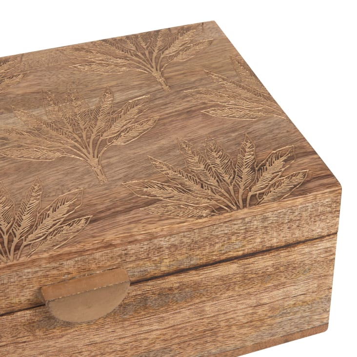Boîte décorative en bois de manguier gravé avec feuilles de palmiers ...