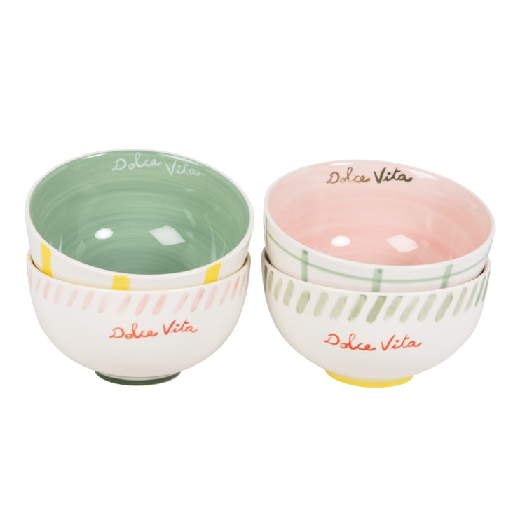Bols en céramique blanche motifs verts, roses, rouges et jaunes (x4 ...