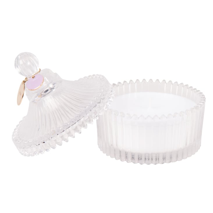 Bougie parfumée en verre strié transparent et médaillons violet et doré ...