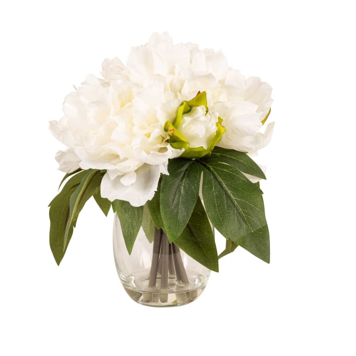 Bouquet de fleurs artificielles blanches et vertes et pot en verre ...