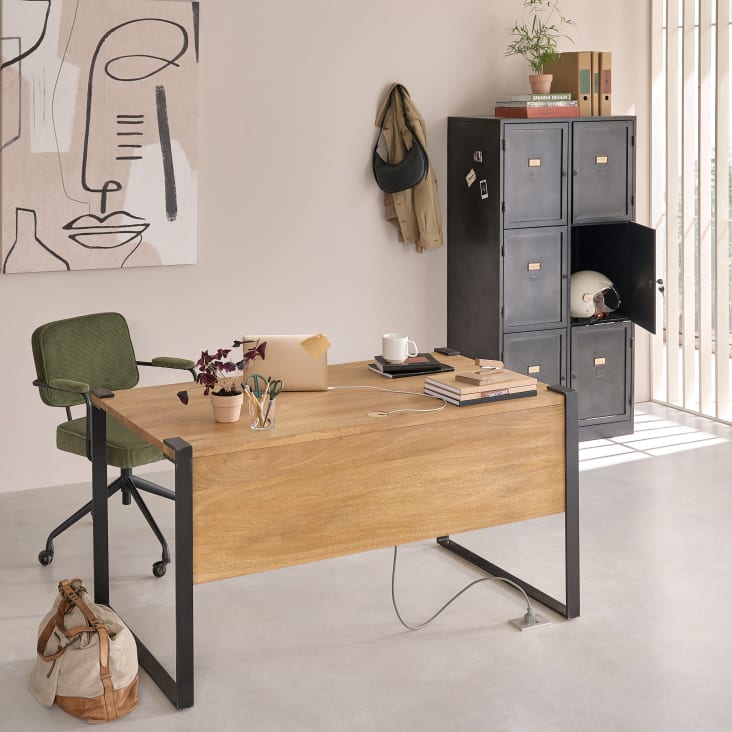 Bureau van massief mangohout en zwart metaal Hoxton Business | Maisons ...