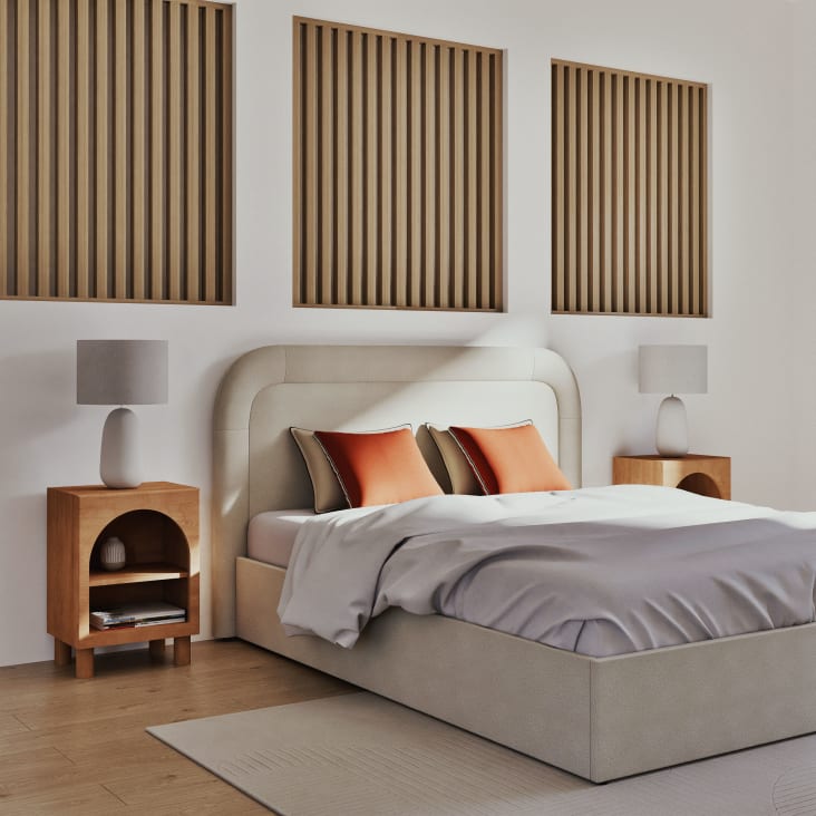 Cama com arrumação com círculos 160x200 e estrado de ripas em cru ...