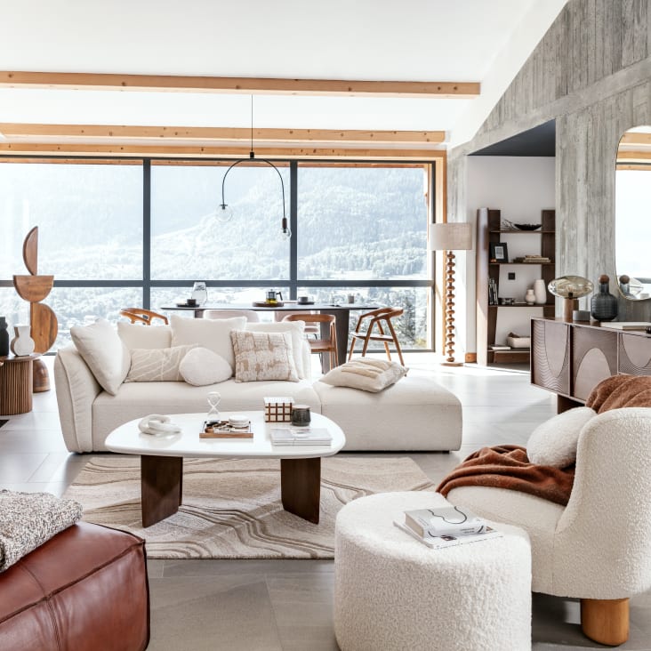 Chaise longue met rechtse armleuning voor ecru wollen modulaire zetel ...