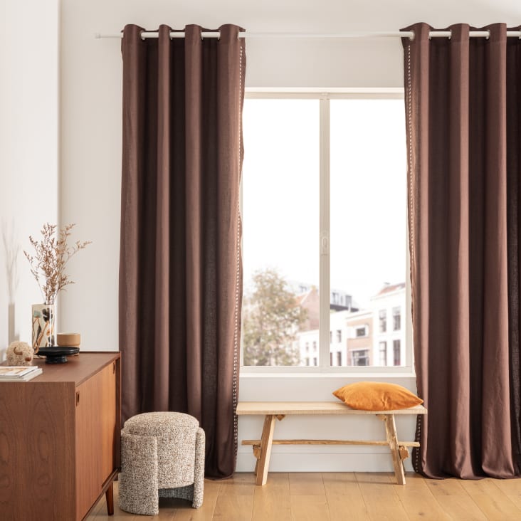Cortina de viscose castanha com bordado branco Ellary | Maisons du Monde