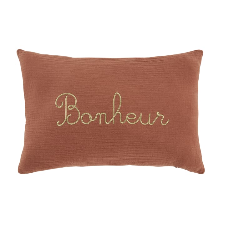 Coussin en gaze de coton imprimé "Bonheur" doré et terracotta, 25x40 ...