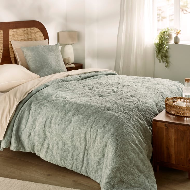 Decke aus gewebtem Baumwoll-Jacquard, Relief-Blättermotiv, eisblau ...