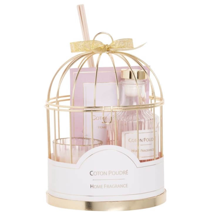 Diffuseur en verre et bougie parfumée support cage en métal doré ...