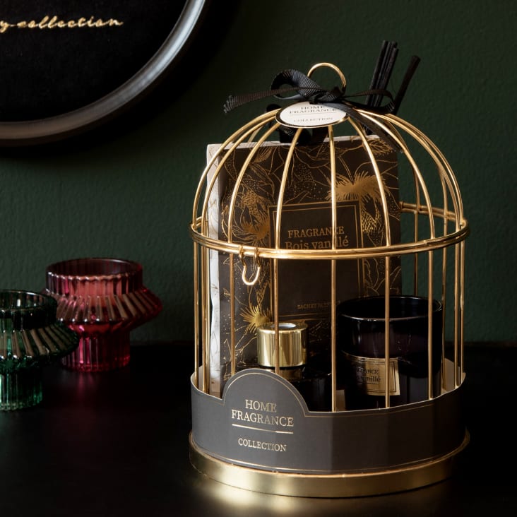 Duftspender aus Glas, Duftsäckchen und Duftkerzen (45g) in goldfarbenem ...