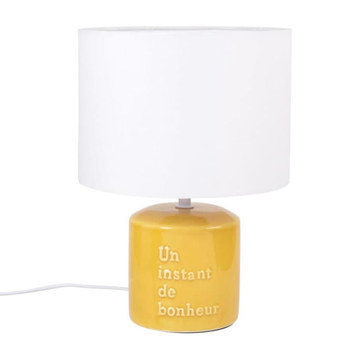 Gele keramische lamp met witte katoenen lampenkap | Maisons du Monde
