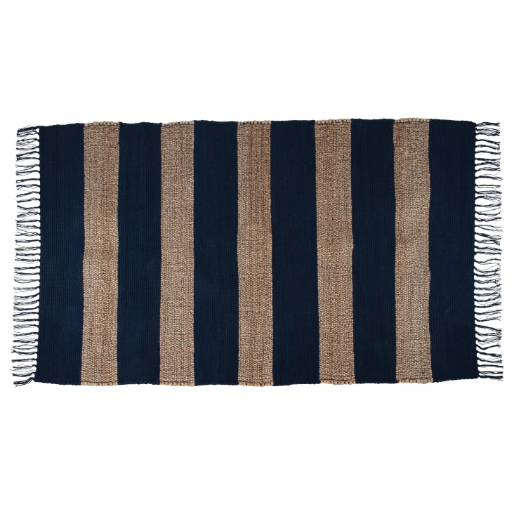 Geweven tapijt met blauwe en beige strepen en franjes 90x150 Gondo ...