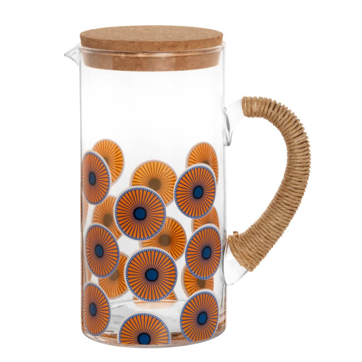 Glazen karaf met meerkleurige grafische motieven en rotan handvat 1,2 l ...