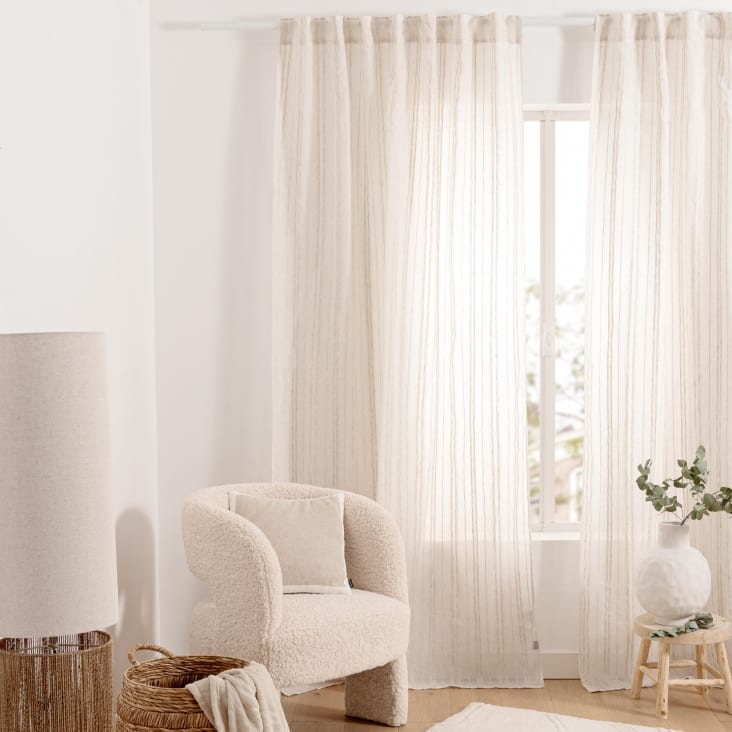 Gordijn met verborgen plooien, geweven voile met reliëfstrepen in beige ...