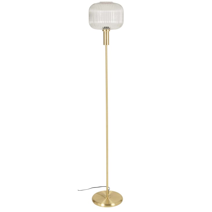 Gouden metalen staande lamp met transparante geribbelde glazen ...