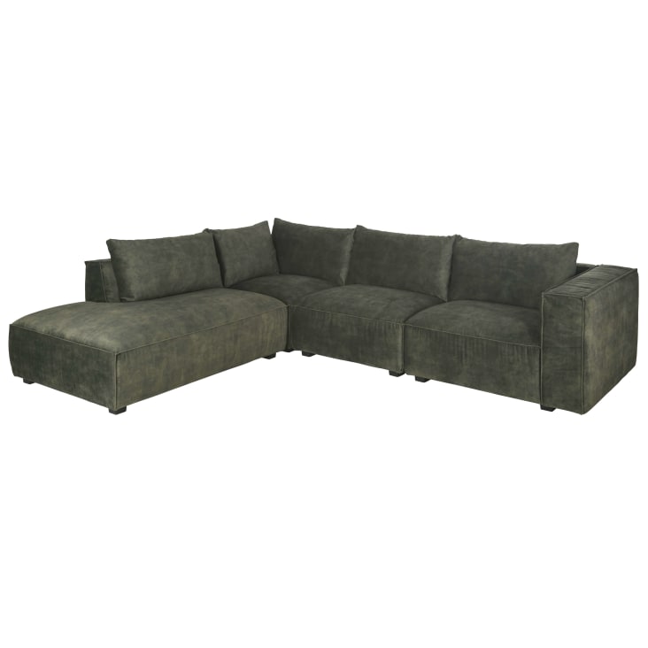 Groene linkse chaise longue van fluweel met marmereffect voor modulaire ...