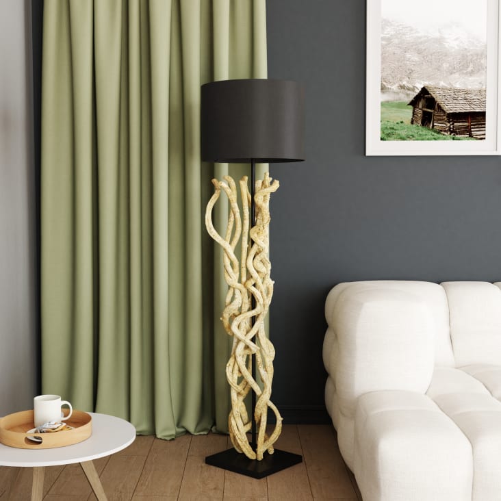 Lampadaire en liane de vigne et abat-jour noir H157 Assane | Maisons du ...