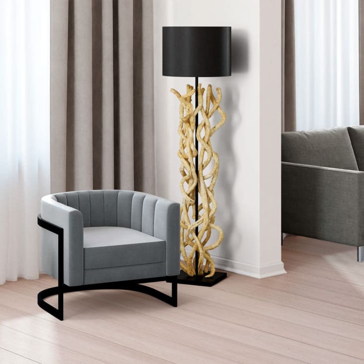 Lampadaire en liane de vigne et abat-jour noir H157 Assane | Maisons du ...