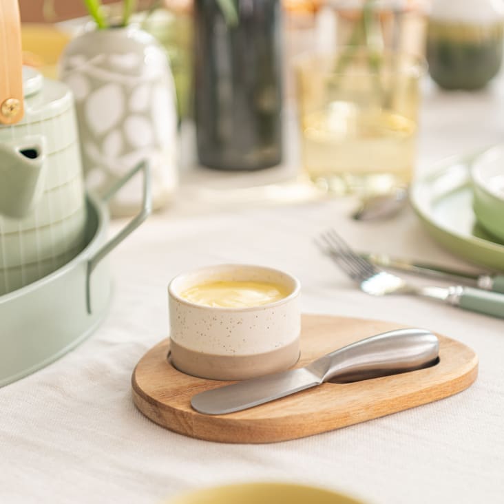 Mini beurrier en grès avec plateau en bois d'acacia et couteau en acier ...