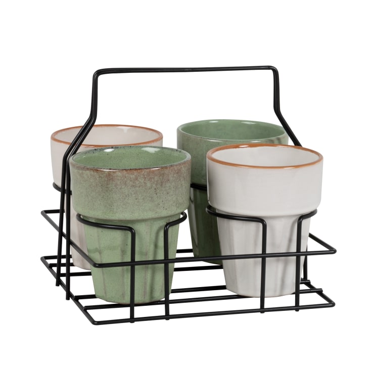 Mugs en céramique beige et verte (x4) et support en métal noir Moka ...