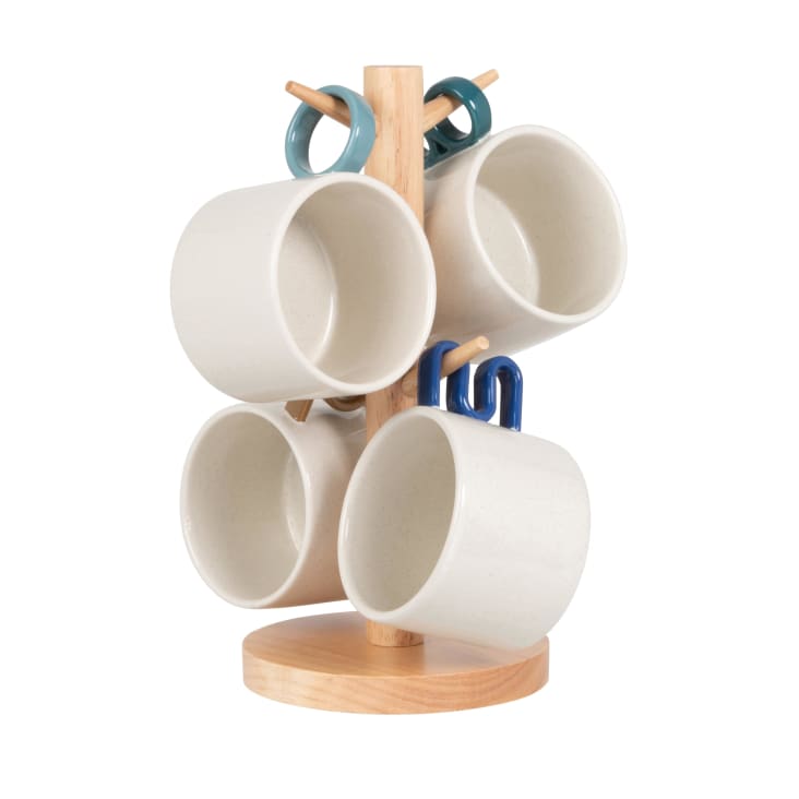 Mugs en grès blanc anses multicolores (x4) support en bois d'hévéa ...