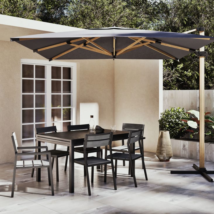 Parasol déporté 3x3m en aluminium imitation bois et toile recyclée gris ...