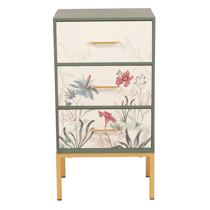 Petit meuble de rangement 3 tiroirs imprimé floral vert sauge et beige ...