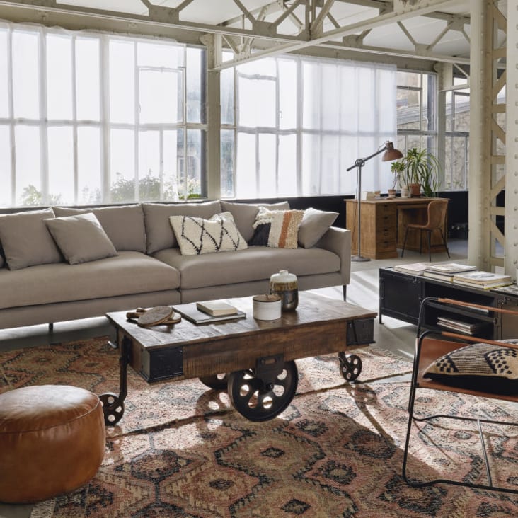 Rollcouchtisch im Industrial-Stil aus massivem Mangoholz und Metall, B ...