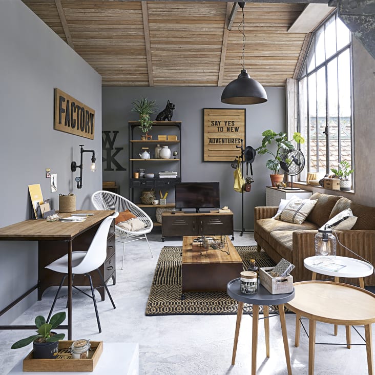 Rollregal mit 2 Schubladen aus Tannenholz und Metall, anthrazit ...