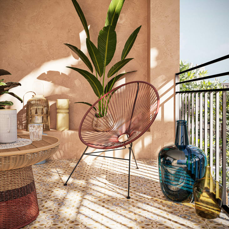 Table basse de jardin ronde en bois de teck et résine tressée corail et ...