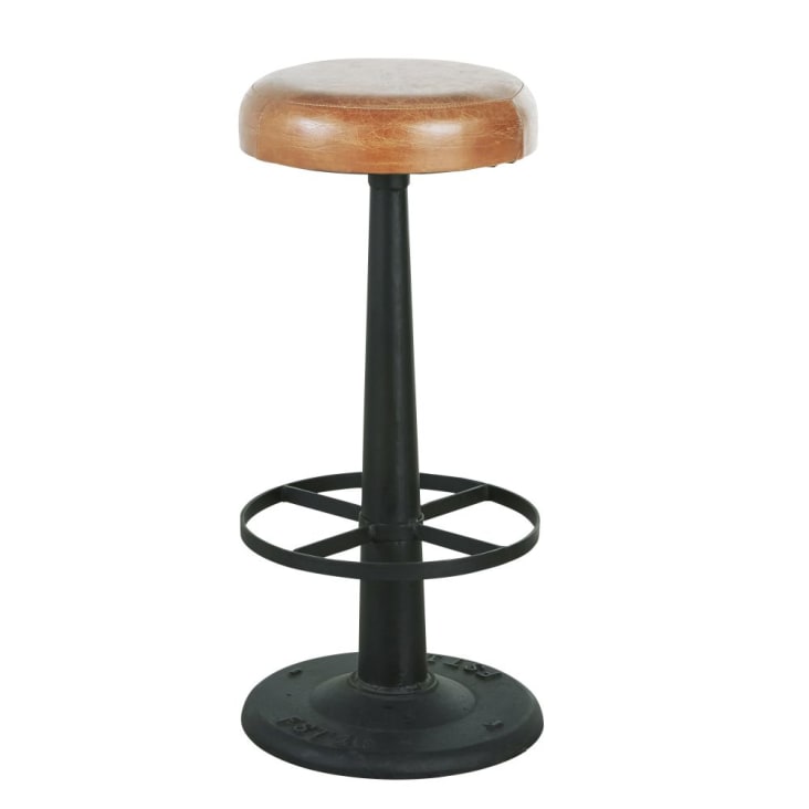 Tabouret de bar professionnel en cuir de buffle camel et acier noir ...