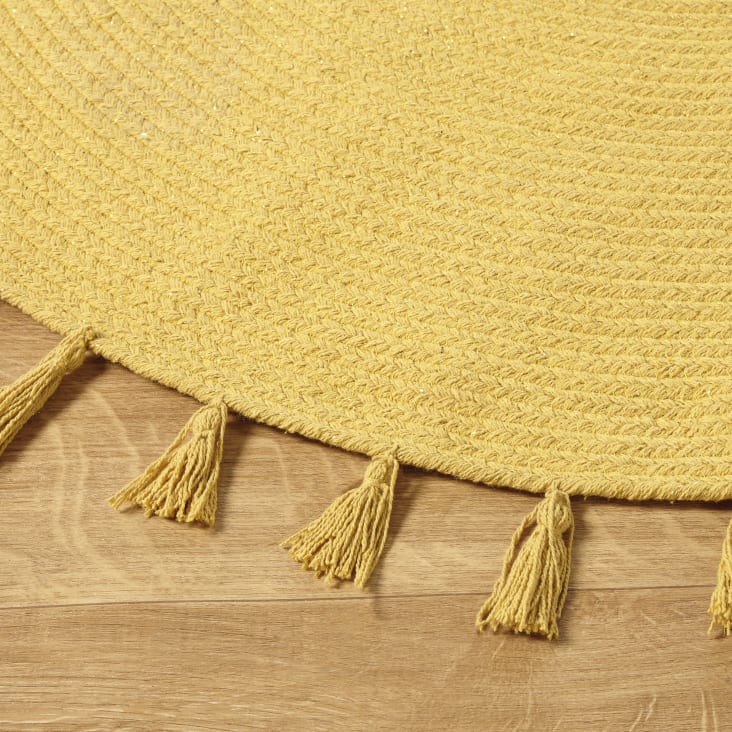Tapis rond à pompons en coton recyclé jaune moutarde D100 Nina | Maisons du Monde