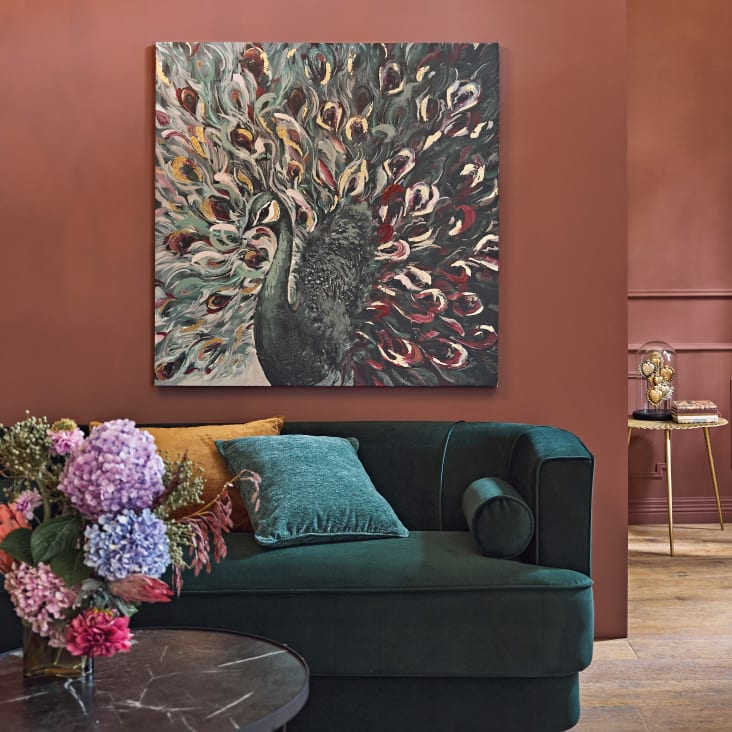 Toile imprimée et peinte paon multicolore 110x110 PEACOK | Maisons du Monde